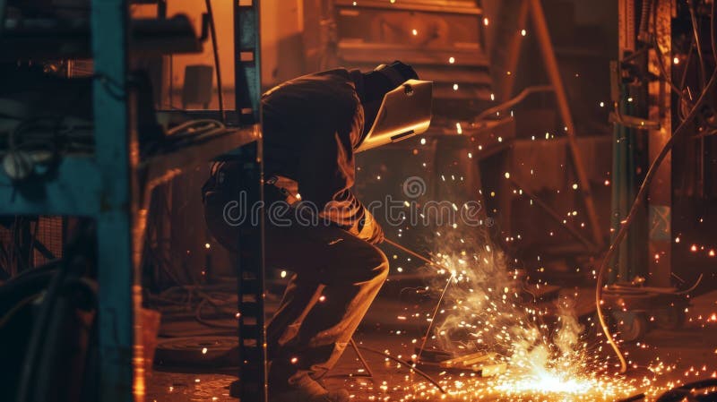 Welder at Work, Sparks Flying in Workshop Stock Illustration ...