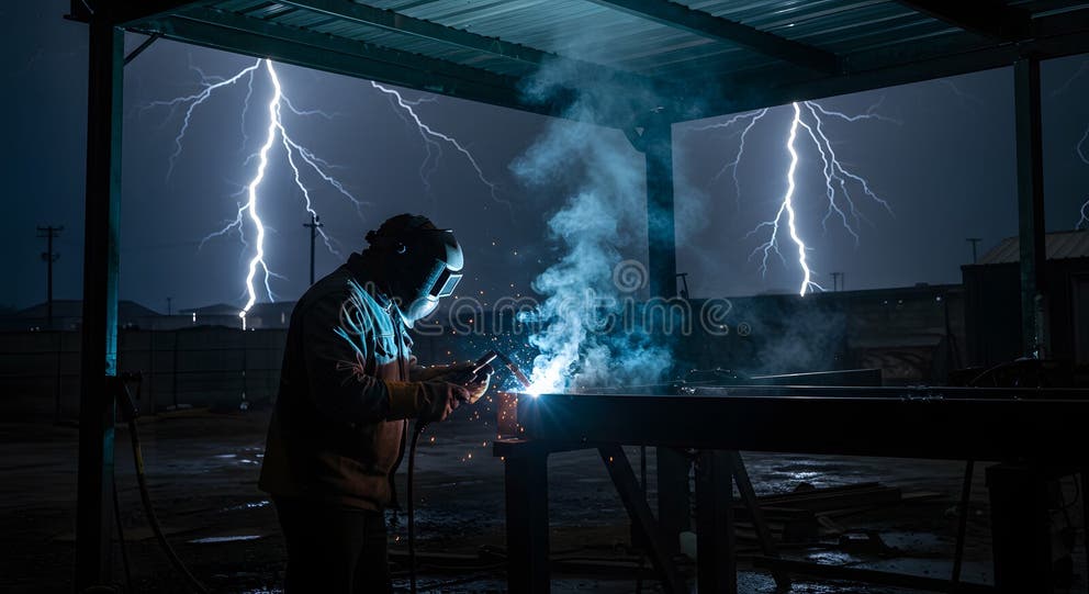 Welder at Work Under Lightning Storm at Night Stock Illustration - Illustration of intense ...