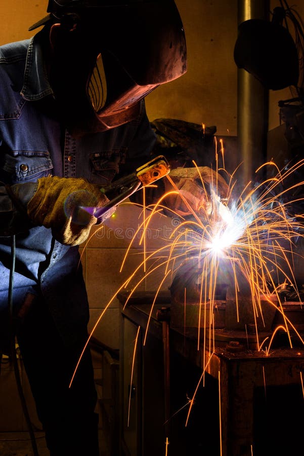 Welder at Work Welding Metal Structures Stock Photo - Image of ...
