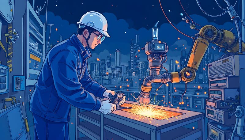 Welder Working in a Factory, Using a Welding Machine with a Robotic Arm ...
