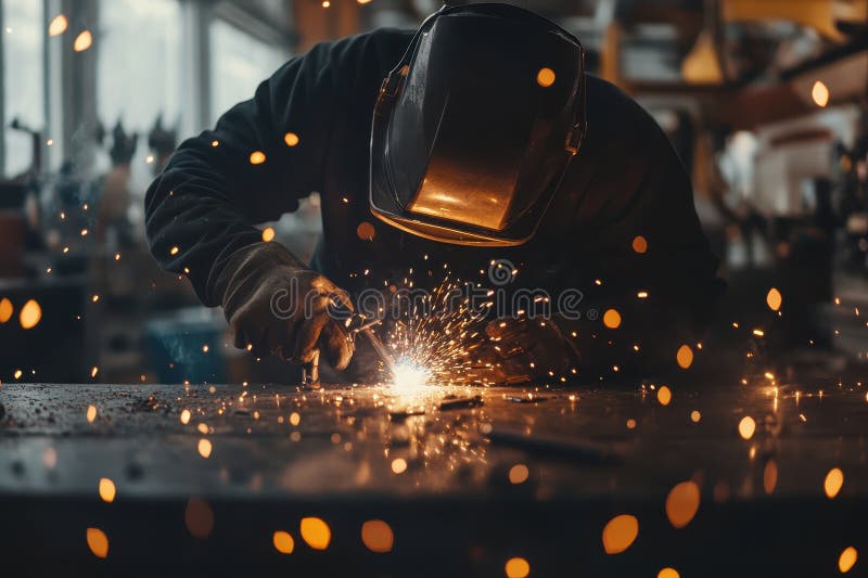A Welder Working Intensely, Creating Sparks in a Workshop Environment ...