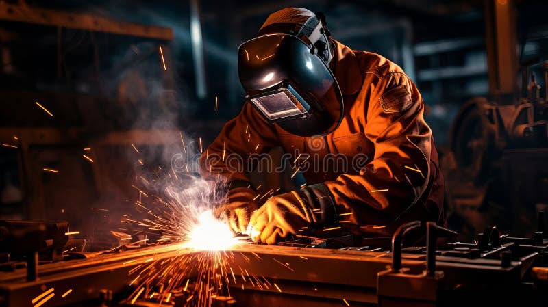 Welder Working on Metal Fabrication in a Workshop during Evening Hours ...