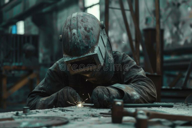 A Welder Working on a Piece of Metal in a Workshop or Factory Setting ...