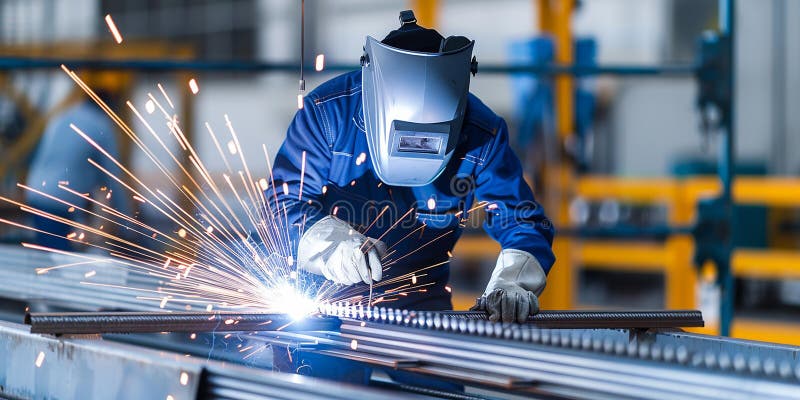 Welder Working with Sparks Flying in a Factory Stock Illustration ...
