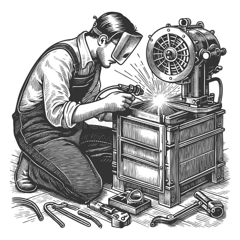 Welder Working with Torch and Tools Engraving Stock Vector ...