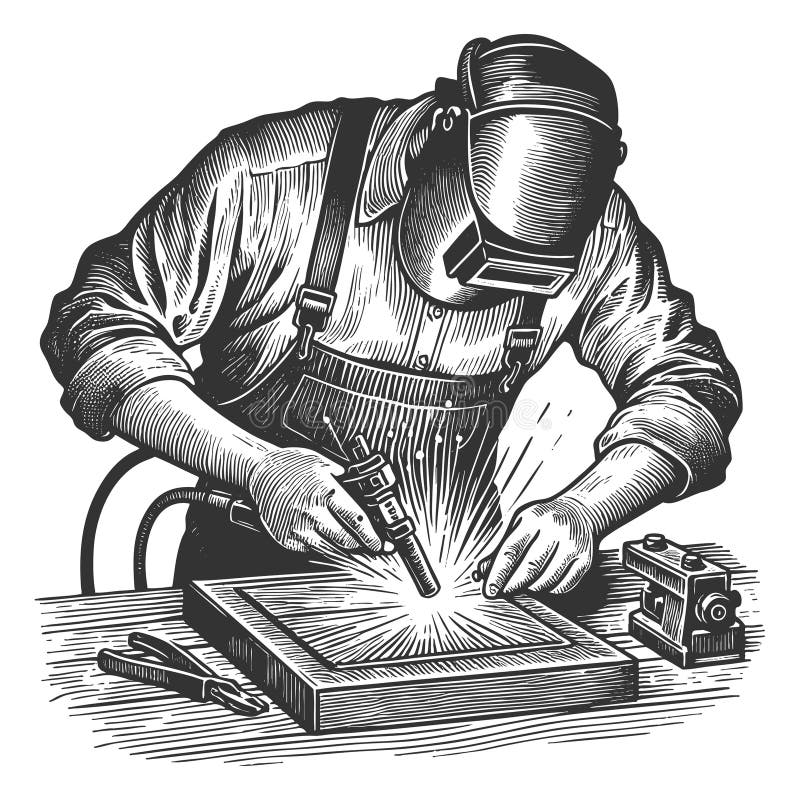 Welder Working with Torch and Tools Engraving Stock Image - Image of ...