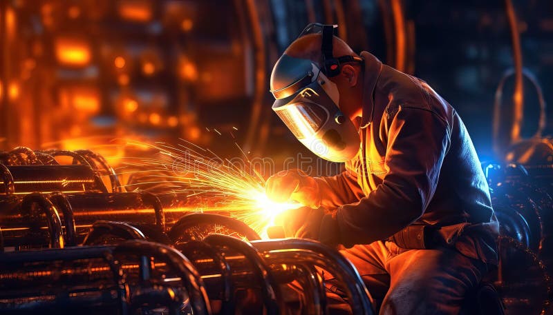 Welder Works with Iron in a Dark Room Stock Illustration - Illustration ...