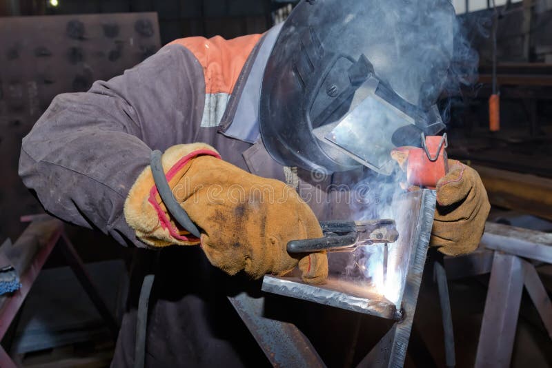 Welder in Workshop Conditions Sample Weld from Sheet Metal To Un Stock ...
