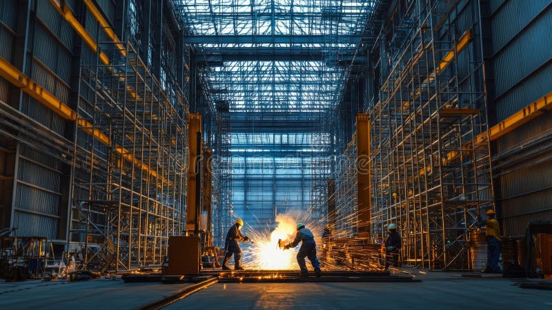Welders Collaborating in a Spacious Hangar, Creating Sparks in an ... Welders Collaborating in a Spacious Hangar, Creating Sparks in an ...