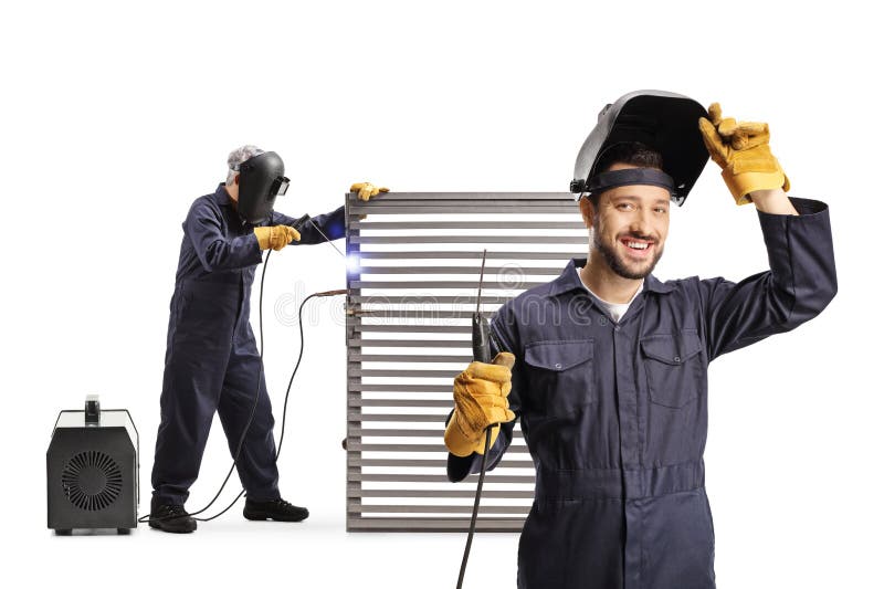 Welders Mounting a Steel Door Stock Image - Image of helmet, occupation ...