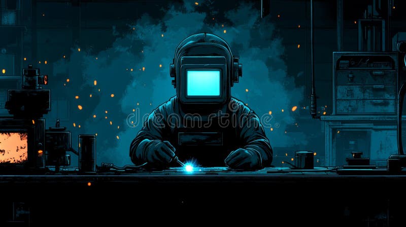 Welding in a Dimly Lit Industrial Workshop with a Focus on Advanced ...