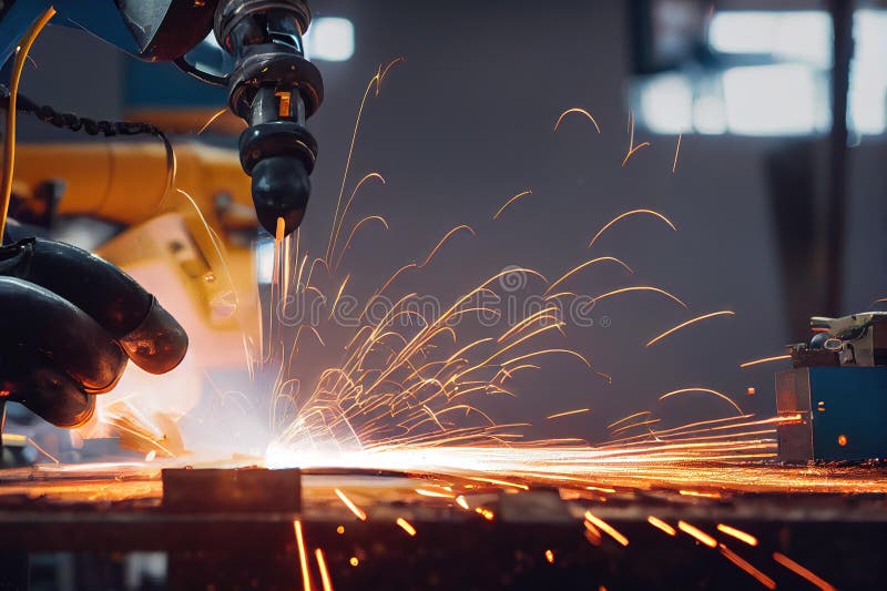 Welding Machine Releases Sparks on Metal Machine during Welding Process ...