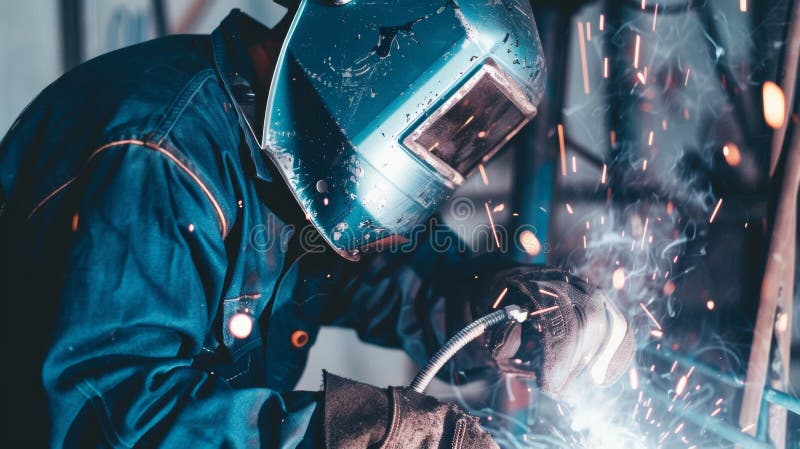 A Welding Mask Hides the Expression on a Workers Face As they Focus on ...