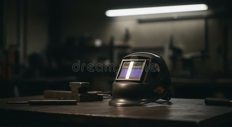 Welding Mask and Metal Tools on Work Table in Workshop Stock ...