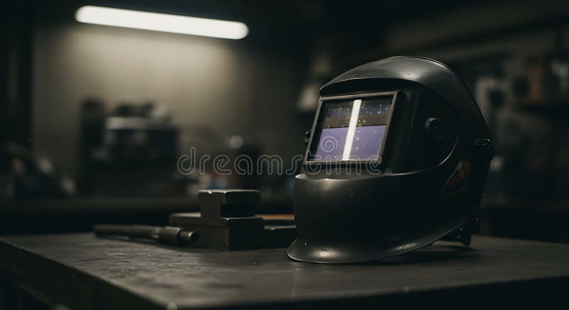 Welding Mask on Metal Workbench in Workshop, Dark Industrial Setting ...