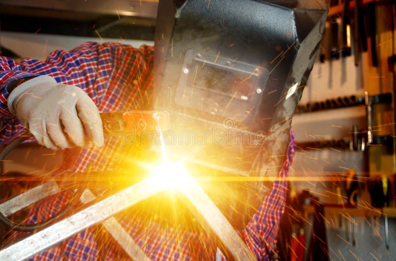 Welding of Metal Construction with Flash Light and Sparks Stock Photo ...