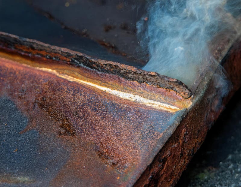 Welding Process Emits Smoke while Metal is Being Shaped at a ...
