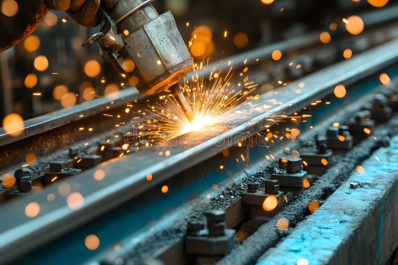Industrial Welding Process with Sparks and Metal Rail Precision ...