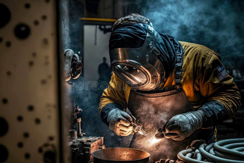 Welding Process in Production with Worker in Mask at Machine Stock ...