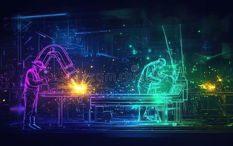 Welding Professionals Working Together in a Vibrant Workshop at Night ...