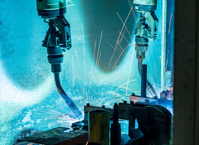 Welding Robots Movement in a Car Factory Stock Image - Image of line ...