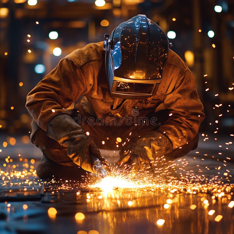 Welding Safety Best Practices Man Kneeling with Complete PPE Stock ...