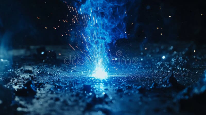Welding Sparks and Blue Smoke Illuminate Dark Surface Stock ...