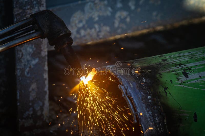 Welding Sparks Fly from Metal Pipe. Stock Image - Image of close ...