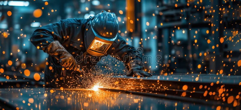 Welding Sparks Flying As Skilled Worker Fabricates Metal in Industrial ...