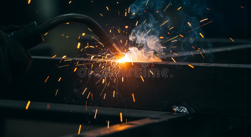 Welding Sparks Flying during Metal Work Process in Dark Environment ...