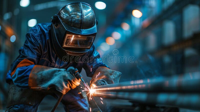 Welding Sparks, Industrial Worker Using Torch To Welding Metal in ...