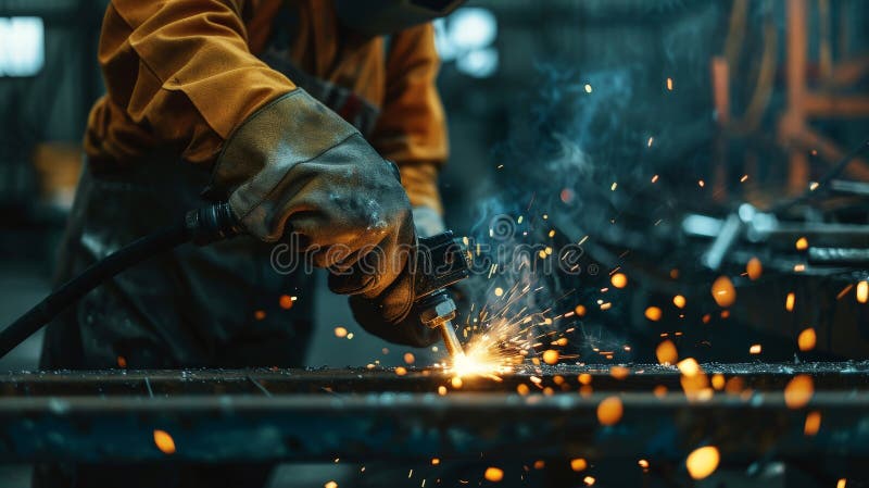 Welding Sparks, Industrial Worker Using Torch To Welding Metal in ...