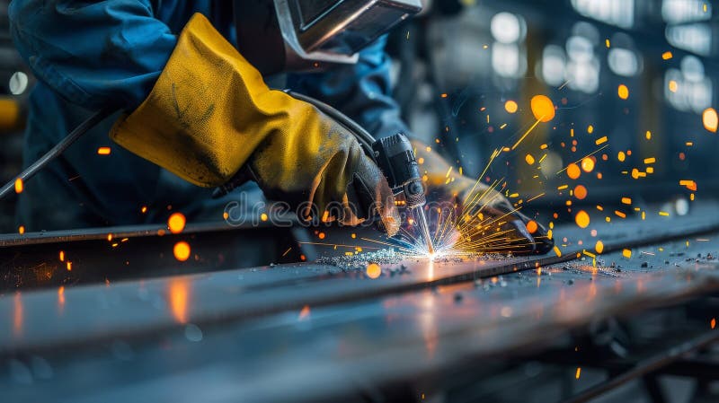 Welding Sparks, Industrial Worker Using Torch To Welding Metal in ...