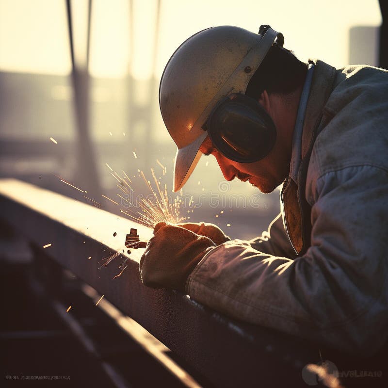 Welding Steel Beams on Bridge at Dusk Stock Illustration - Illustration ...