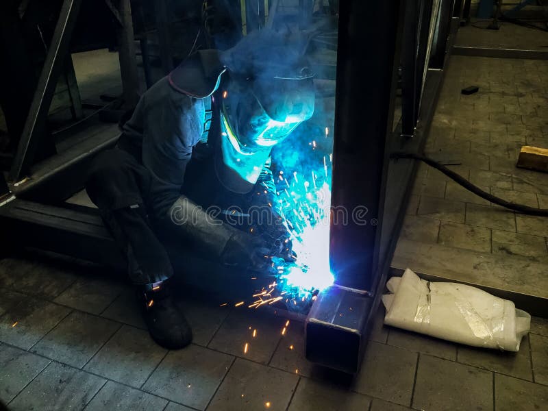 Welding of Steel Structures in the Workshop by MIG Technology. Stock ...
