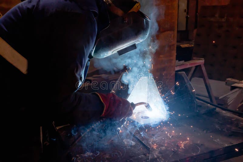 Semi-automatic Welding of Metal Structures in the Shop Stock Image ...