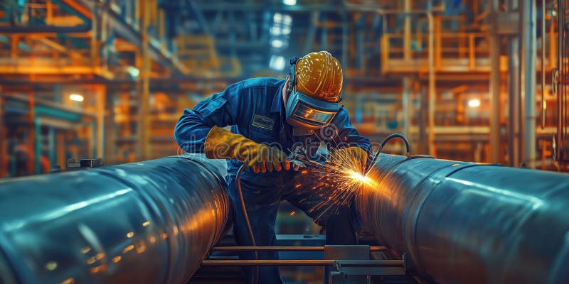 Welding Technician Working on Large Pipes in Industrial Facility with ...
