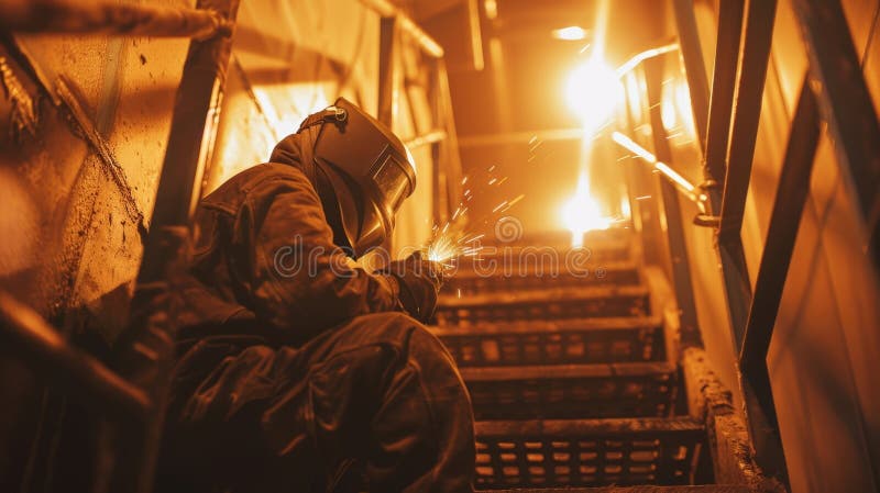 The Welding Torch Casts a Warm Orange Light on the Workers Protective ...