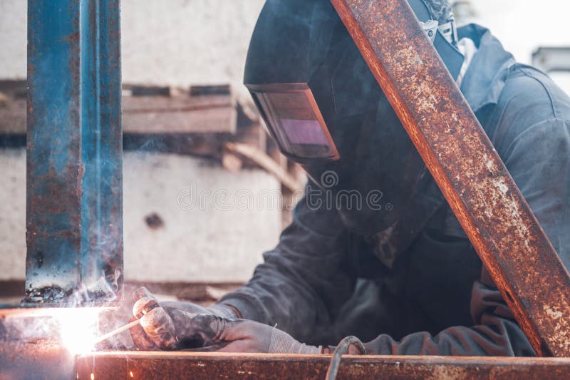 Welding Work, Man Welding in Workshop. Metalwork and Sparks ...