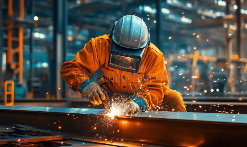 Welding Worker in Protective Gear Creating Sparks in Industrial ...