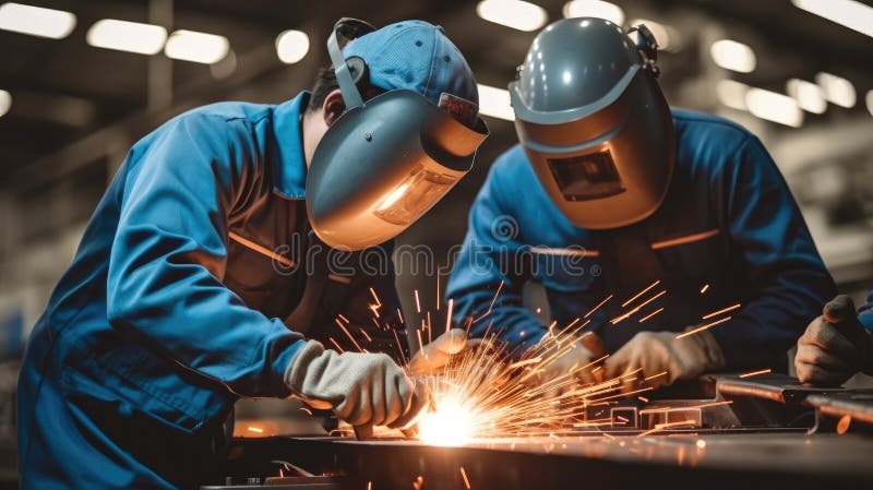 Welding Worker Team Working Arc Weld Metal Joint Production in Heavy ...