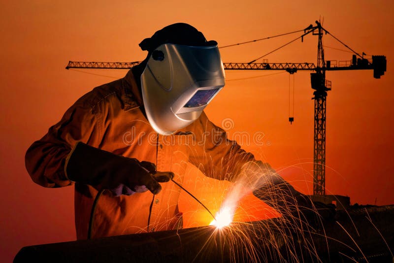 Welding Worker Welding Steel Structure with Construction Site Stock ...