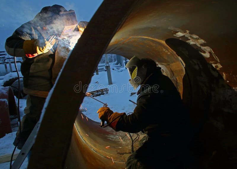 Welding works in winter stock photo. Image of metalwork - 90938556