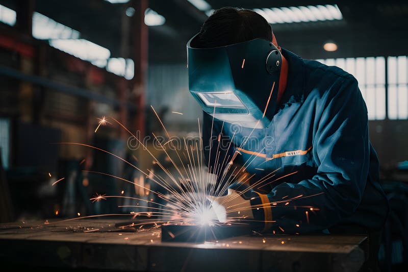 Welding Workshop Close Up with Sparks Flying, Showcasing Industrial ...