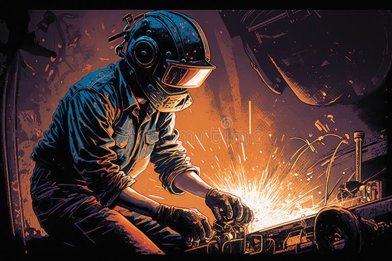 Welding Workshop Scene with Sparks Flying and Metalwork in Progress ...