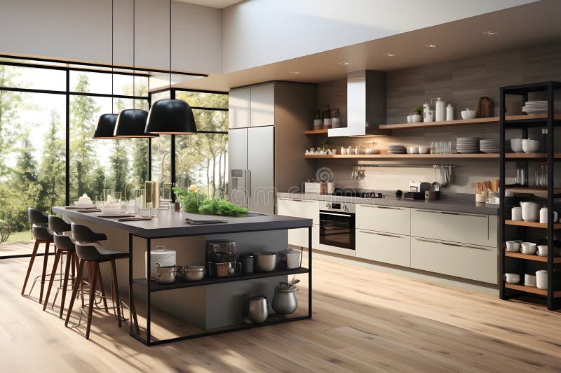 A Well-appointed Kitchen Features a Clean, Contemporary Design Stock ...