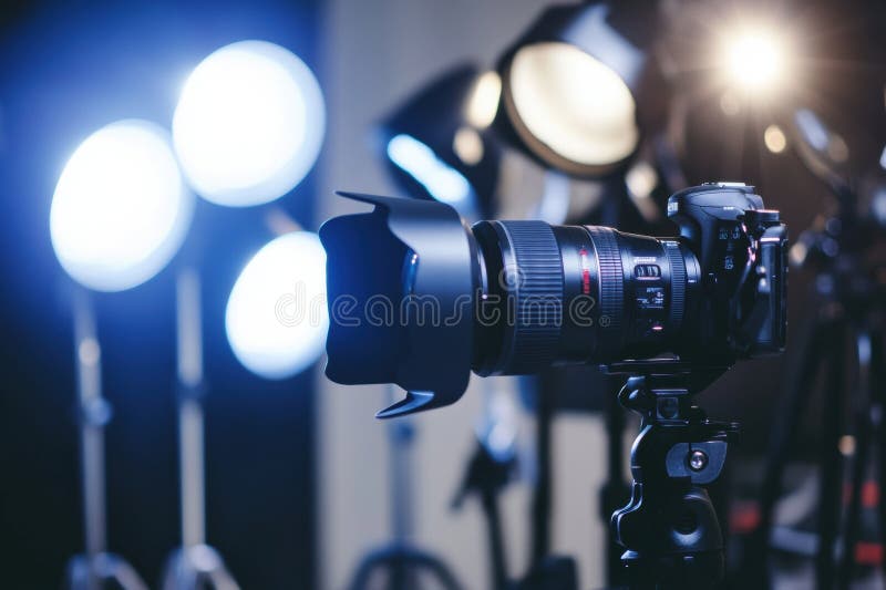 Camera Setup in Studio Surrounded by Flashes and Lighting Equipment ...