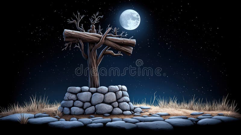 A Well Constructed from Stones Under a Full Moon with a Dark Starry Sky ...