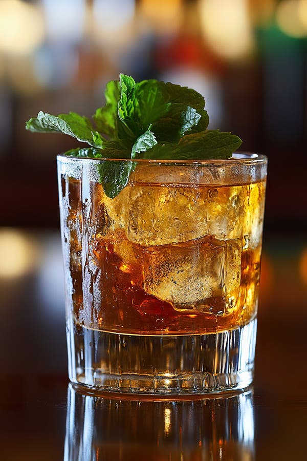 Well Crafted Cocktail Showcases Ice Cubes and Fresh Mint in Dimly Lit ...