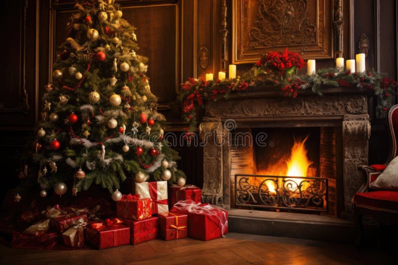 A Well-decorated Christmas Tree beside a Fireplace Stock Illustration ...